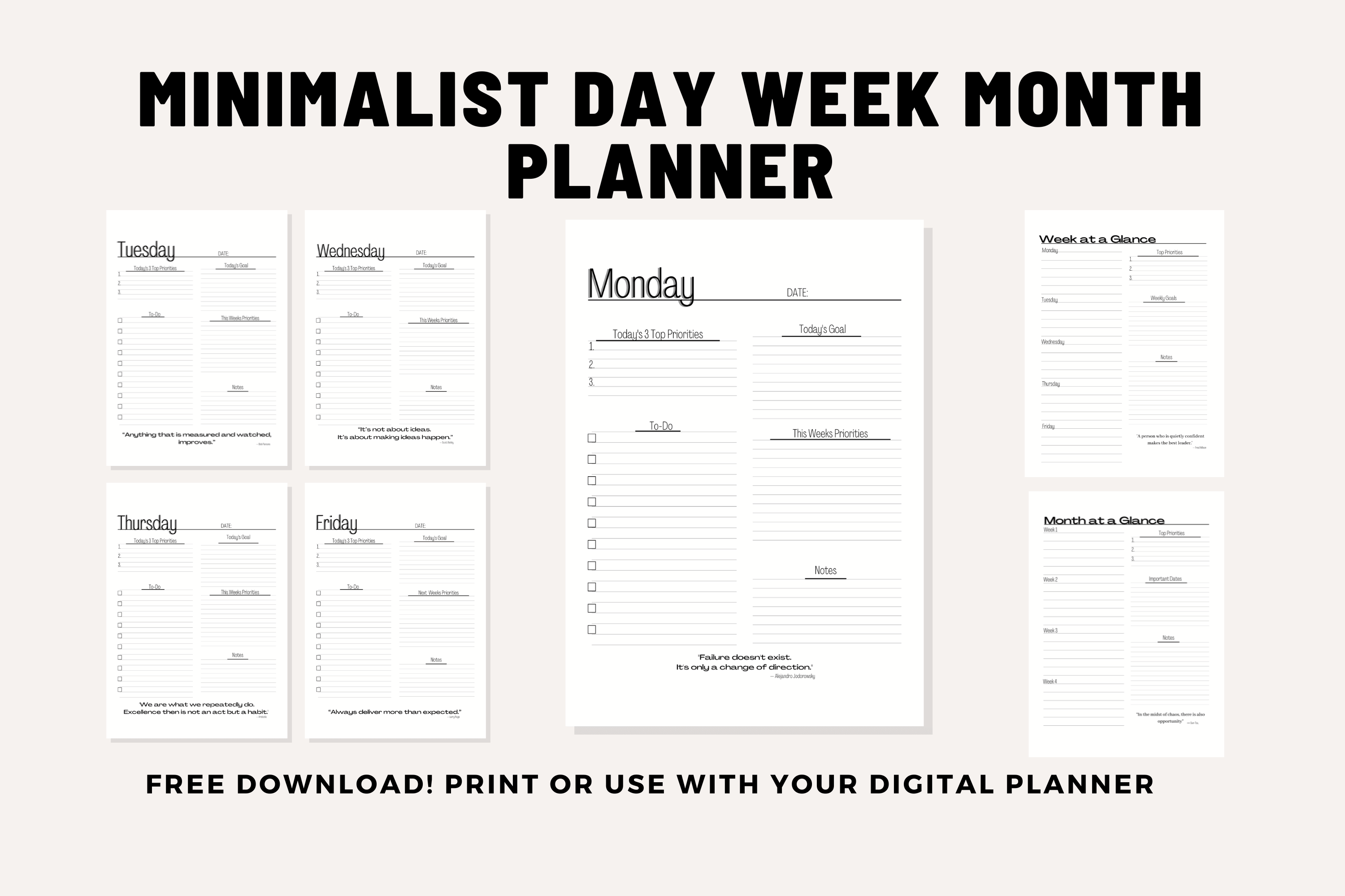 FREE Minimalist Day Week Month Planner Digital Download PDF Letter Size ...